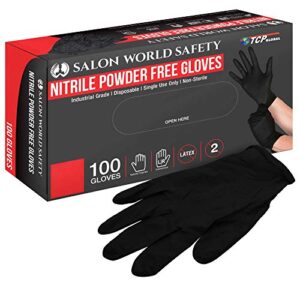 salon world safety black nitrile disposable gloves, box of 100, size large, 5.0 mil - latex free, textured, food safe