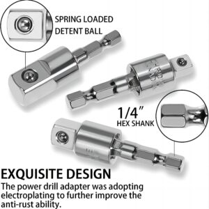 3Pcs 1/4" 3/8" 1/2" Bits 360°Rotatable,Impact Grade Socket Adapter/Extension Set Turns Power Drill Into High Speed Nut Driver,for Cordless Drills Ratchet Extension,Universal Socket Wrench Adapter Set