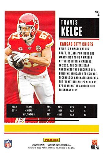 2020 Panini Contenders Season Ticket #4 Travis Kelce Kansas City Chiefs Official NFL Football Trading Card in Raw (NM Near Mint or Better) Condition