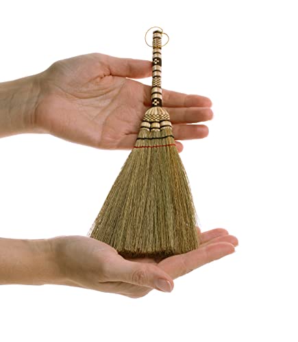 SN SKENNOVA - (Tiny Size) 11 inch Short of Asian Whisk Broom Thai Natural Straw Broom with Embroidery Nylon Thread Handle with Nylon Hanger