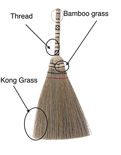 SN SKENNOVA - (Tiny Size) 11 inch Short of Asian Whisk Broom Thai Natural Straw Broom with Embroidery Nylon Thread Handle with Nylon Hanger