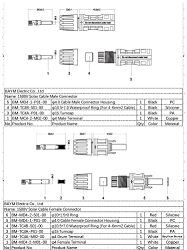 BAYM Connector Male Female Solar Panel Connector 50A 1500V for PV Cable 10mm 8AWG Connect UV Resistant(10Pairs)