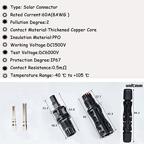 BAYM Connector Male Female Solar Panel Connector 50A 1500V for PV Cable 10mm 8AWG Connect UV Resistant(10Pairs)