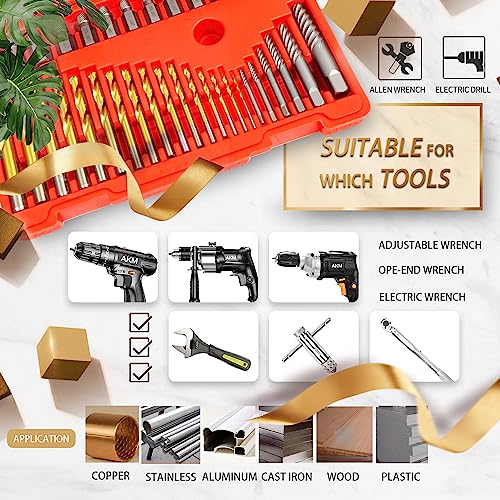 AKM 36PCS Screw Extractor with Drill Bit Set,bolt extractors with Center Hole Punch,Multi-spline Extractors,and Left Hand Drill Bits for Removeing Broken Studs, Bolts, Socket Screws, and Fittings| SAE