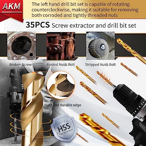 AKM 36PCS Screw Extractor with Drill Bit Set,bolt extractors with Center Hole Punch,Multi-spline Extractors,and Left Hand Drill Bits for Removeing Broken Studs, Bolts, Socket Screws, and Fittings| SAE