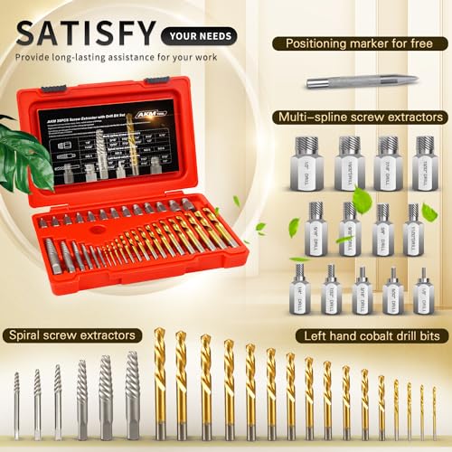 AKM 36PCS Screw Extractor with Drill Bit Set,bolt extractors with Center Hole Punch,Multi-spline Extractors,and Left Hand Drill Bits for Removeing Broken Studs, Bolts, Socket Screws, and Fittings| SAE