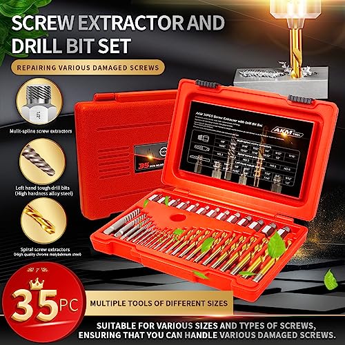 AKM 36PCS Screw Extractor with Drill Bit Set,bolt extractors with Center Hole Punch,Multi-spline Extractors,and Left Hand Drill Bits for Removeing Broken Studs, Bolts, Socket Screws, and Fittings| SAE