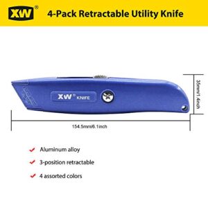 XW Retractable Utility Knife, Aluminum Alloy Box Cutter-Assorted Colors, Extra 10 Blades Included,4-Pack