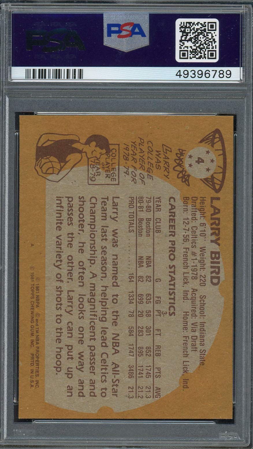 Larry Bird 1981 Topps Basketball Card #4 Graded PSA 8