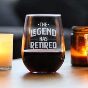 The Legend Has Retired - Stemless Wine Glass - Funny Retirement Gifts for Boss or Coworkers - Large 17 Ounce Size