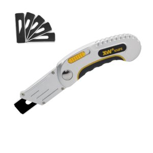 xw folding carpet knife, razor blade heavy duty utility knife with protective cap, extra 5 blades included