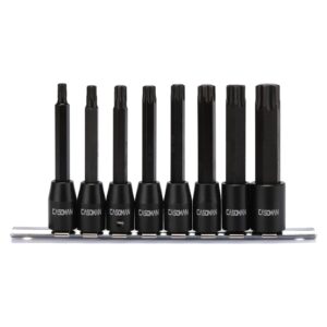 casoman 8 piece 3/8” drive extra long torx star bit socket set, t30-t70, s2 steel, 3.5-inch length torx bit in 3/8-inch dr.