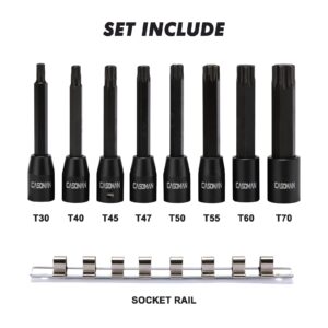 CASOMAN 8 Piece 3/8” Drive Extra Long Torx Star Bit Socket Set, T30-T70, S2 Steel, 3.5-inch Length Torx Bit in 3/8-inch Dr.