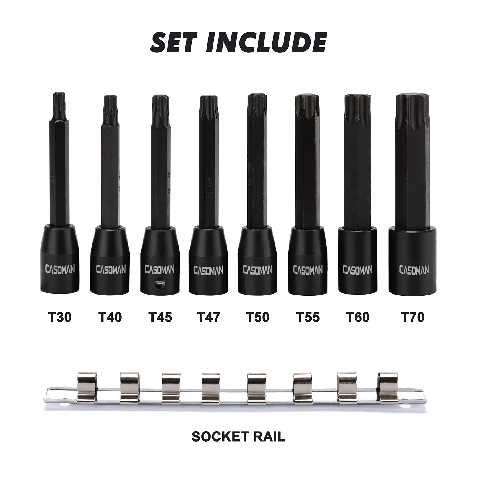 CASOMAN 8 Piece 3/8” Drive Extra Long Torx Star Bit Socket Set, T30-T70, S2 Steel, 3.5-inch Length Torx Bit in 3/8-inch Dr.