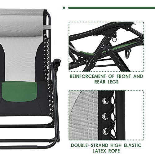 FDW Oversized Padded Zero Gravity Chair Lounge Chair Outdoor Patio Recliner with Cup Holder Adjustable Headrest for Patio Pool Deck Camping Support 380lbs (1, Green)