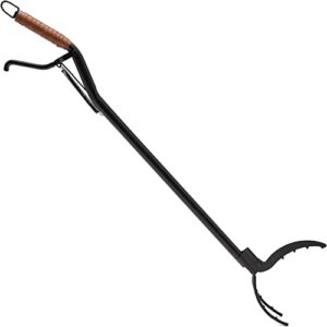 dragonfire log grabber - 40" long fire pit tong with durable steel shaft, ergonomic leatherette handle, triple prong design, and heat-resistant black coating