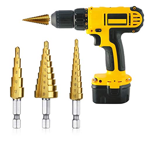 NACHEE 3Pcs Metric Titanium Coated Step Drill Bit Set, HSS Cone Drill Bit with 1/4" Hex Shank Drive Quick Change（3-12 mm 4-12 mm 4-20 mm）for DIY Woodworking, Plastic Wood