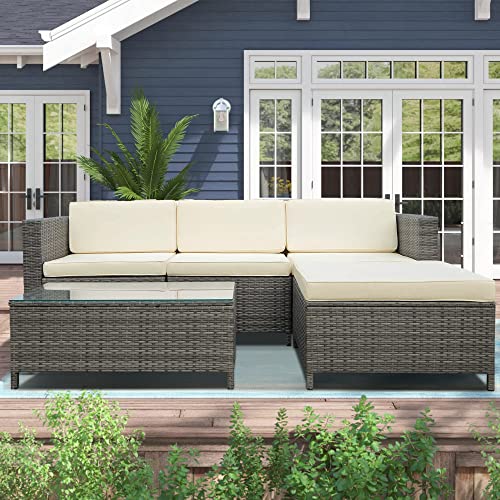 SUNVIVI OUTDOOR 5 Piece Patio Furniture, All-Weather Grey Wicker Sectional Couch with Cream White Washable Cushions