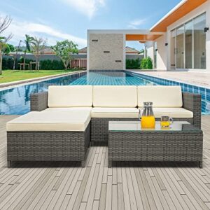 SUNVIVI OUTDOOR 5 Piece Patio Furniture, All-Weather Grey Wicker Sectional Couch with Cream White Washable Cushions