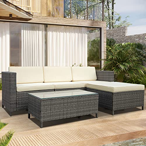 SUNVIVI OUTDOOR 5 Piece Patio Furniture, All-Weather Grey Wicker Sectional Couch with Cream White Washable Cushions