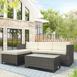 SUNVIVI OUTDOOR 5 Piece Patio Furniture, All-Weather Grey Wicker Sectional Couch with Cream White Washable Cushions