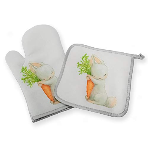 Spring Decorative Kitchen Hot Plate Pot Holder Oven Mitt Set | Retro Chic Luxe Easter Bunny Rabbit With Eggs and Carrot| Cute Decoration White Home Decor Holiday | Gift Present