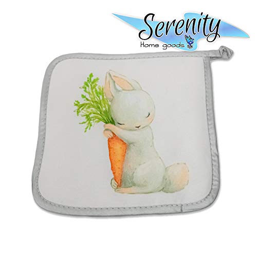 Spring Decorative Kitchen Hot Plate Pot Holder Oven Mitt Set | Retro Chic Luxe Easter Bunny Rabbit With Eggs and Carrot| Cute Decoration White Home Decor Holiday | Gift Present