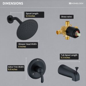 HOMELODY Shower System Black Shower Faucet Set (Valve Included) 6-Inch Shower Faucet & Bathtub Faucet with Diverter, Tub and Shower Faucet Combo, Shower Faucets Sets Complete, Matte Black