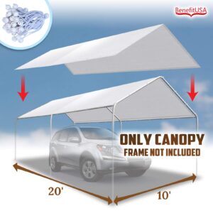 BenefitUSA 10x20 ft Carport Replacement Canopy Garage Top Cover Tent Shelter Tarp with Ball Bungee Cords, Canopy ONLY (Without/Edge)