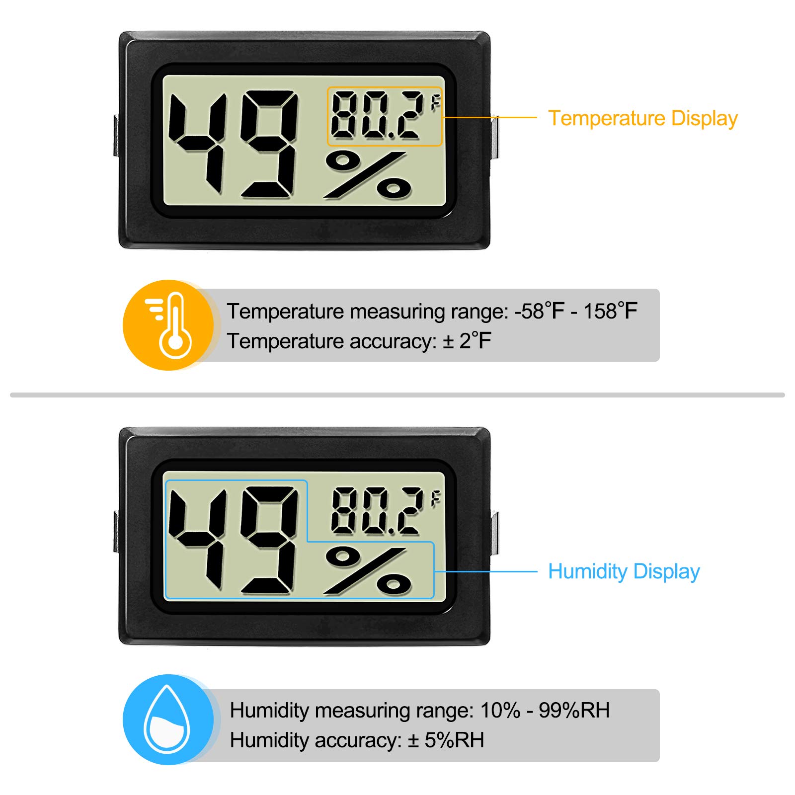 Mini Digital Temperature Humidity Meters Gauge with Probe Gauge LCD Fahrenheit Display Thermometer Hygrometer for Incubator Reptile Plant Tank Greenhouse Jars Garden Cellar(Black, 3 Pieces)