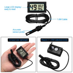 Mini Digital Temperature Humidity Meters Gauge with Probe Gauge LCD Fahrenheit Display Thermometer Hygrometer for Incubator Reptile Plant Tank Greenhouse Jars Garden Cellar(Black, 3 Pieces)