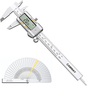 camway digital caliper 6inch + feeler gauge stainless steel electronic vernier caliper 150mm, fractions/inch/metric measuring tool for length width depth inner diameter outer diameter