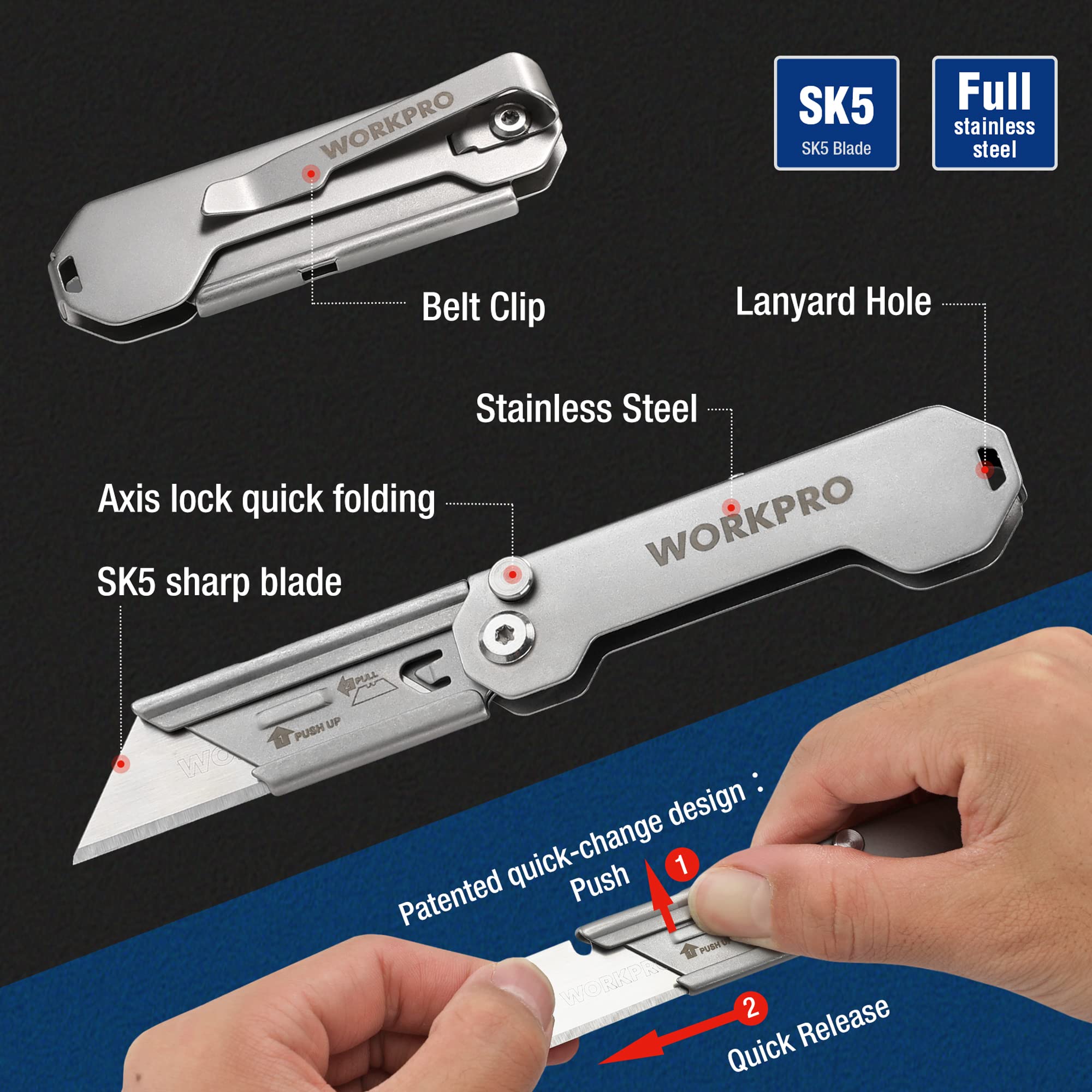 WORKPRO 3-Pack Folding Utility Knife, Quick Change Blades Box Cutter, EDC Foldable Pocket Utility Knife Sets with Belt Clip