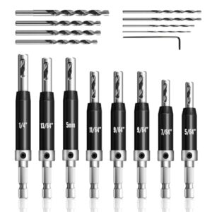 canitu 17pcs black self centering drill bit set 1/4" hex shank vix bit,quick change hinge center drill bits with 1 hex key & 8 drill bits 5/64-1/4” for woodworking metal wood cabinet window door