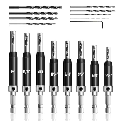 Canitu 17Pcs Black Self Centering Drill Bit Set 1/4" Hex Shank VIX Bit,Quick Change Hinge Center Drill Bits with 1 Hex Key & 8 Drill Bits 5/64-1/4” for Woodworking Metal Wood Cabinet Window Door