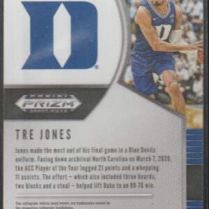 2020-21 Panini Prizm Draft Picks #37 Tre Jones RC Rookie Duke Blue Devils Basketball Trading Card