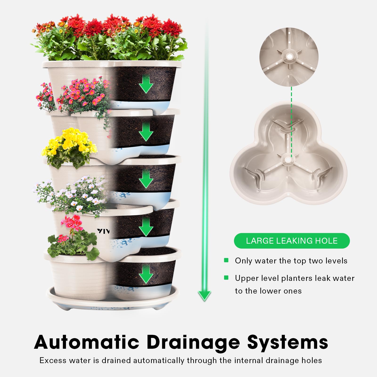 VIVOSUN 2-Pack 5 Tier Vertical Gardening Stackable Planter for Strawberries, Flowers, Herbs, Vegetables Ivory