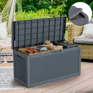 cozy castle 100 gallon outdoor storage box, deck box, resin pool toy storage, patio storage, outdoor cushion storage, for garden and pool, gray