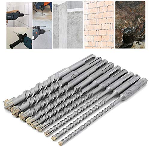 9 Piece Carbon Steel Hammer Drill Bit Set, SDS Carbide Drill for Bricks Masonry Concrete Cement Stone Rocks etc