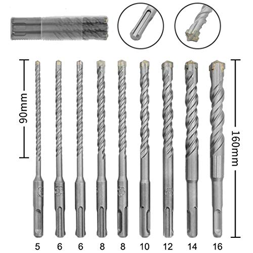 9 Piece Carbon Steel Hammer Drill Bit Set, SDS Carbide Drill for Bricks Masonry Concrete Cement Stone Rocks etc