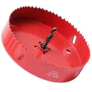 6 1/8 inch hss bi-metal hole saw, 1 3/16 inch cutting depth hole cutter with hex shank drill bit adapter for wood cornhole boards plastic drywall fiberboard can light recessed light, red