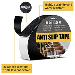 Grip Tape - Heavy Duty Anti Slip Tape 80 Grit Non Slip for Stairs Outdoor/Indoor, Waterproof High Traction Stairs Non Skid Treads, Durable Triple Layer Adhesive - Black (1 Inch x 20 Feet)