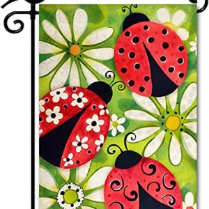 LAYOER Garden flag 12.5 x 18 inches Red ladybug White Flowers daisy outdoor Spring decor