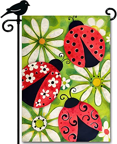 LAYOER Garden flag 12.5 x 18 inches Red ladybug White Flowers daisy outdoor Spring decor