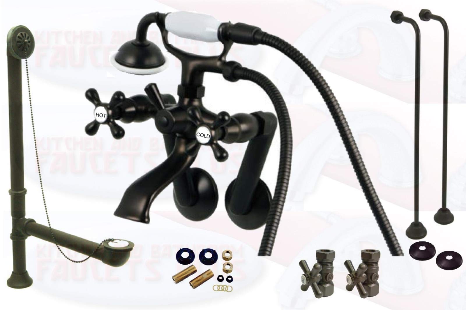 Oil Rubbed Bronze Vintage Wall Mount Clawfoot Tub Filler Kit With Drain, Single Offset Water Suppies, Floor Stops and Connection Fittings - Model KBFP-CCK269ORB-SO