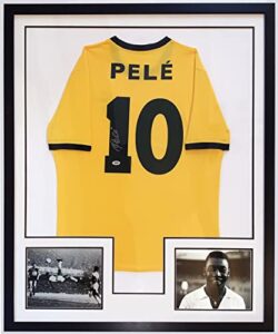 pele signed fc brazil jersey - psa dna coa authenticated - professionally framed & bicycle kick goal 8x10 photo 34x42