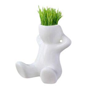 lincox mini bonsai head grass doll hair white ceramic plant garden, tree doll grass pot, ceramic air head people planters air plant holders table top display for mini plants home garden decor (b)