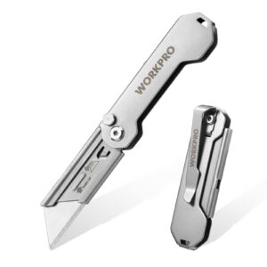 workpro edc folding utility knife, mini box cutter with quick open axis lock, quick change blade razor knife, foldable small pocket knife with belt clip