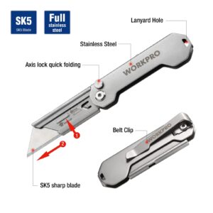 WORKPRO EDC Folding Utility Knife, Mini Box Cutter with Quick Open Axis Lock, Quick Change Blade Razor Knife, Foldable Small Pocket Knife with Belt Clip