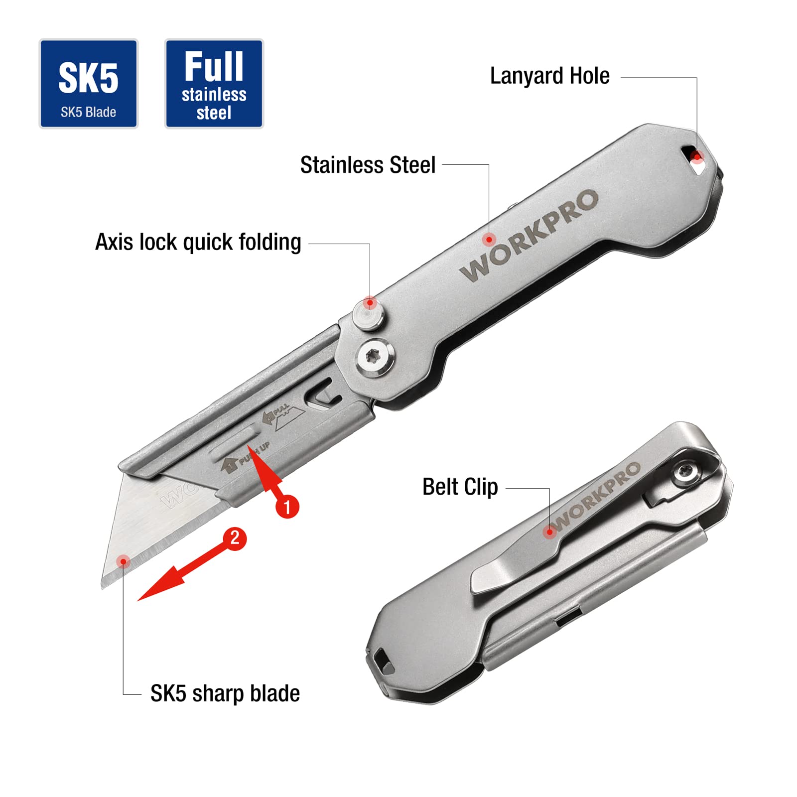 WORKPRO EDC Folding Utility Knife, Mini Box Cutter with Quick Open Axis Lock, Quick Change Blade Razor Knife, Foldable Small Pocket Knife with Belt Clip